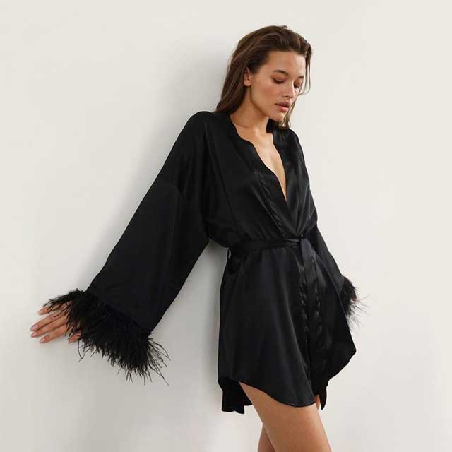 Black Satin Kimono Robe | Eiyo Kimono